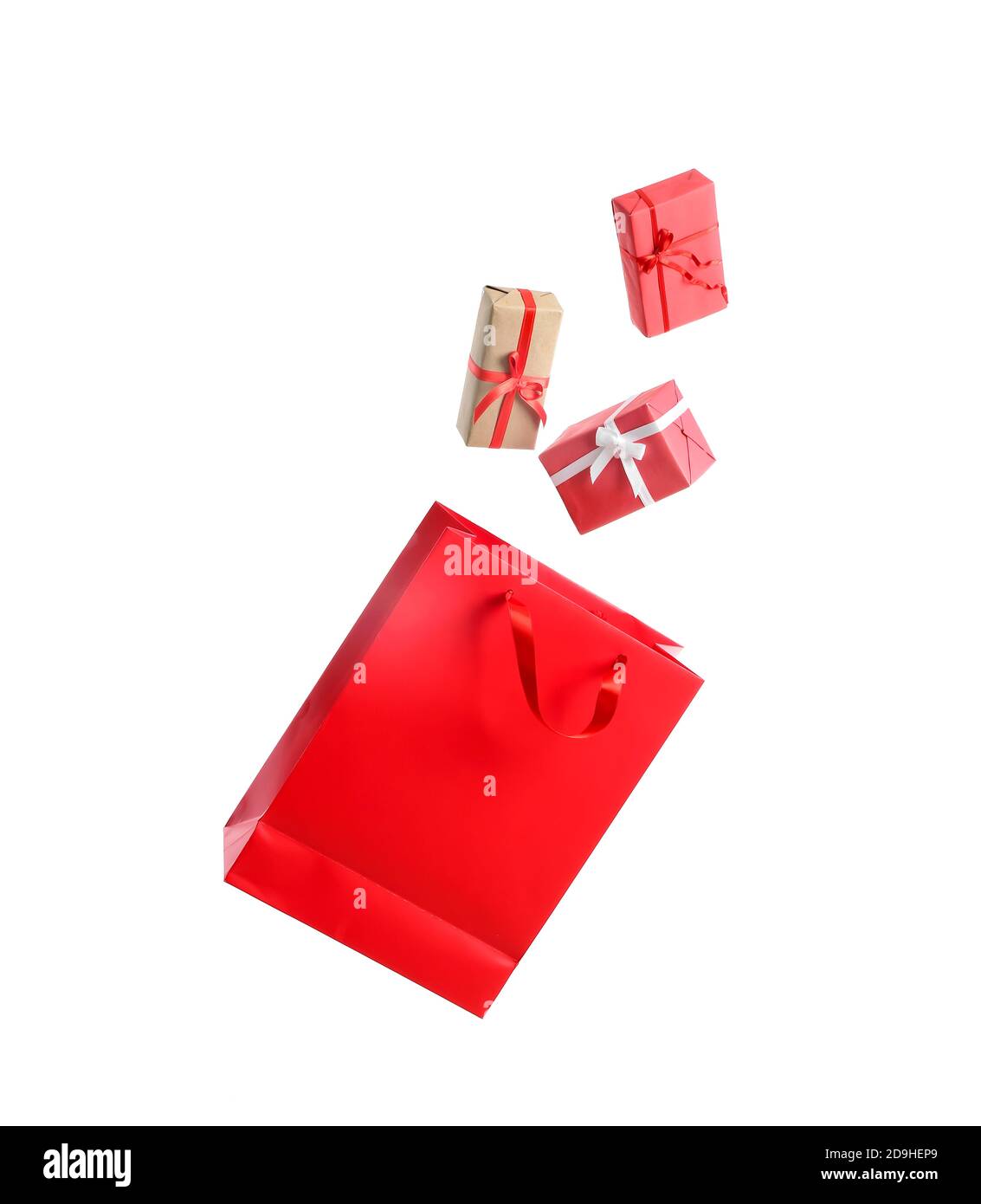 Flying gift boxes on white background Stock Photo - Alamy