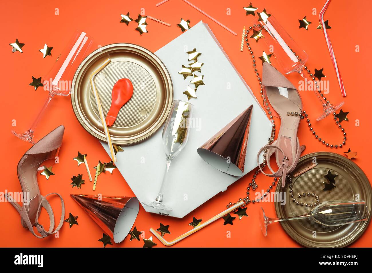 Mess after party celebration on color background Stock Photo - Alamy