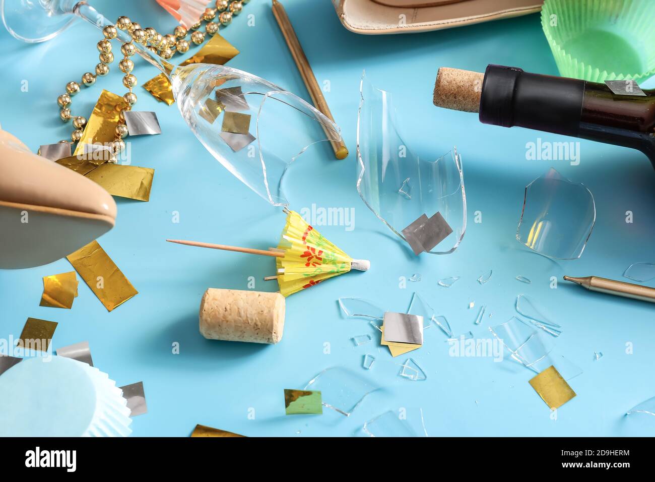 Mess after party celebration on color background Stock Photo - Alamy