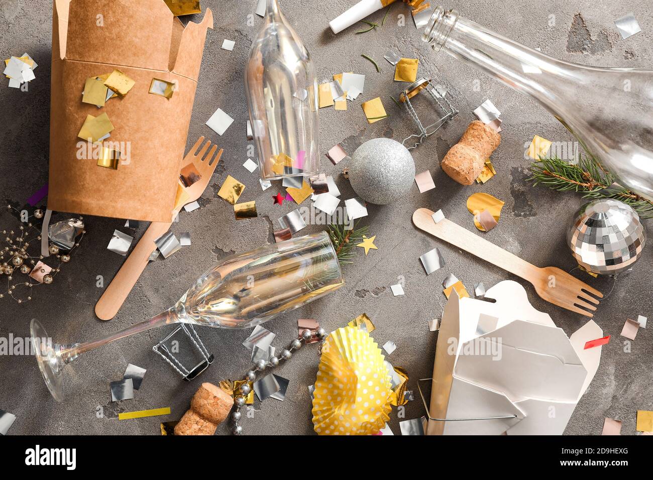 Mess after party celebration on grey background Stock Photo - Alamy