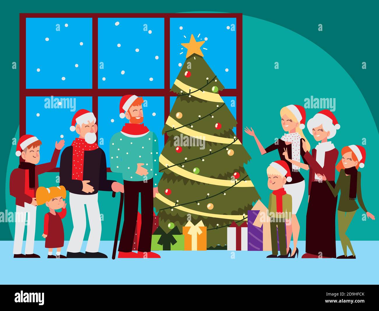 christmas people, big family with tree lights decoration celebrating ...