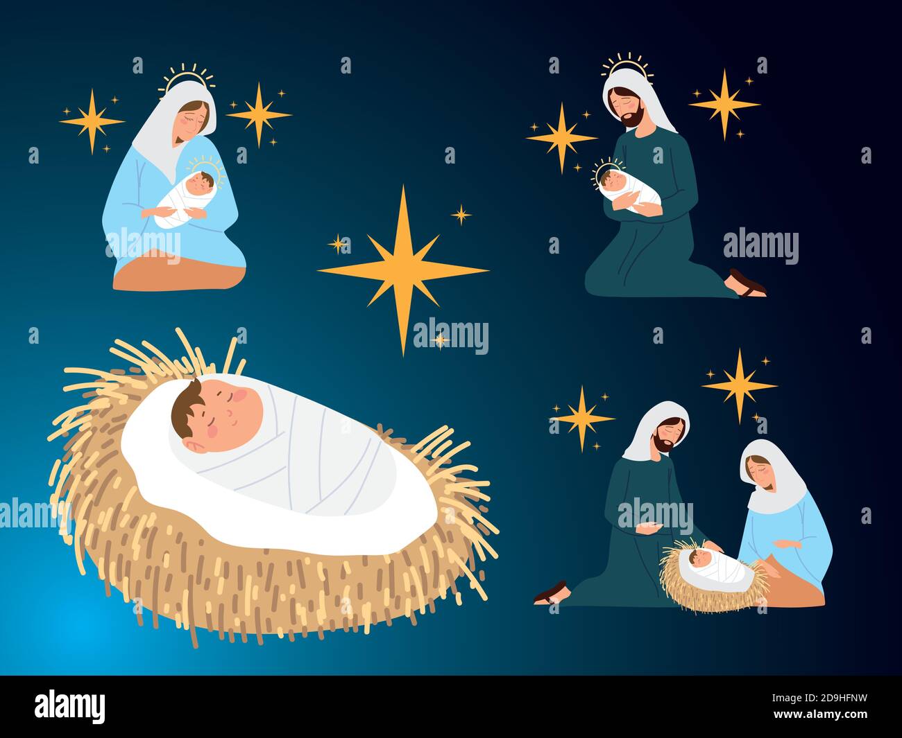 nativity, manger scene icons mary with baby joseph vector illustration ...