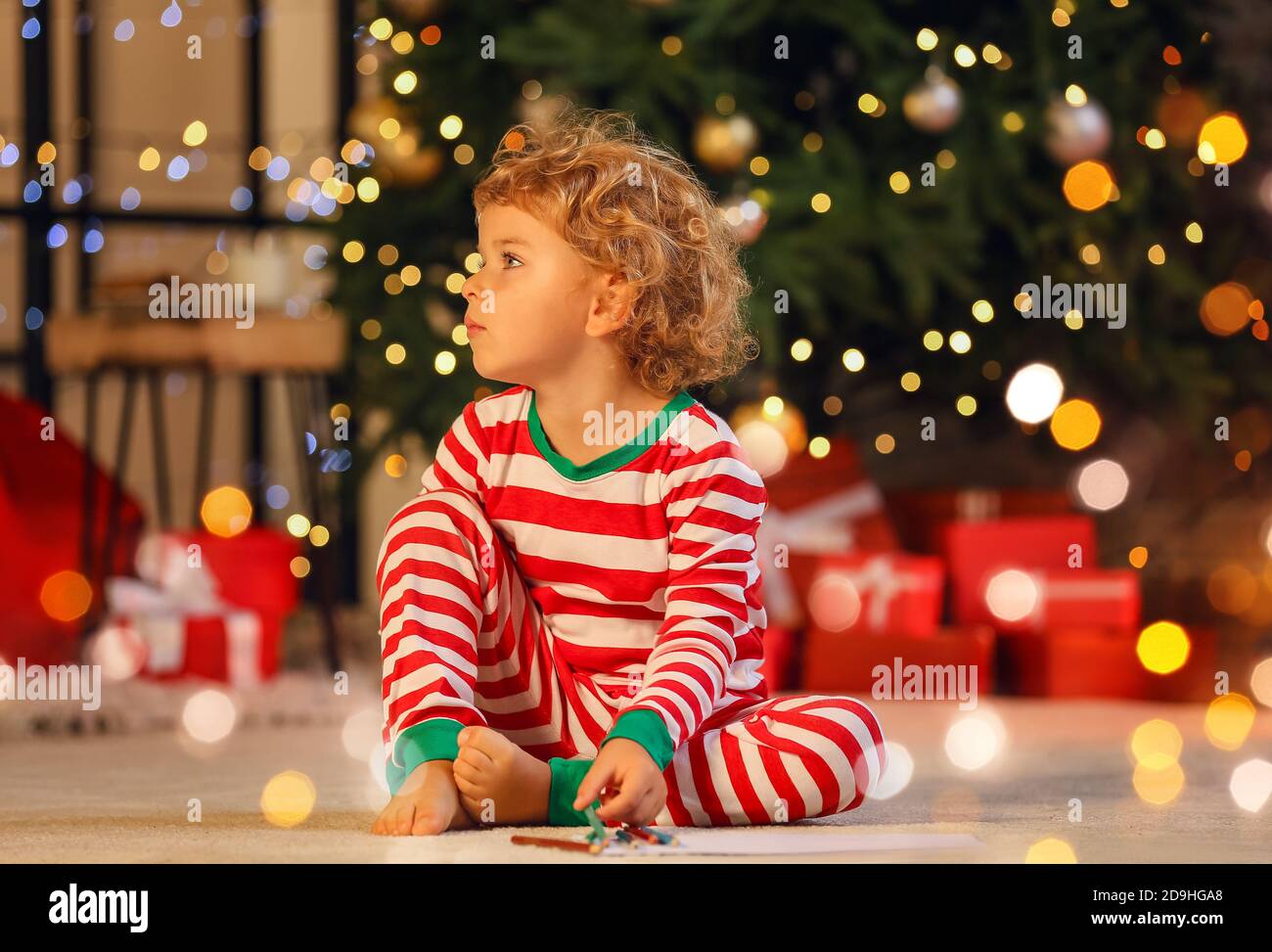 Cute little child writing letter to Santa at home Stock Photo - Alamy