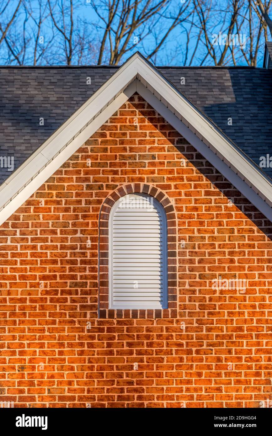 White attic gable vent louver ,white square window, triangle with red ...