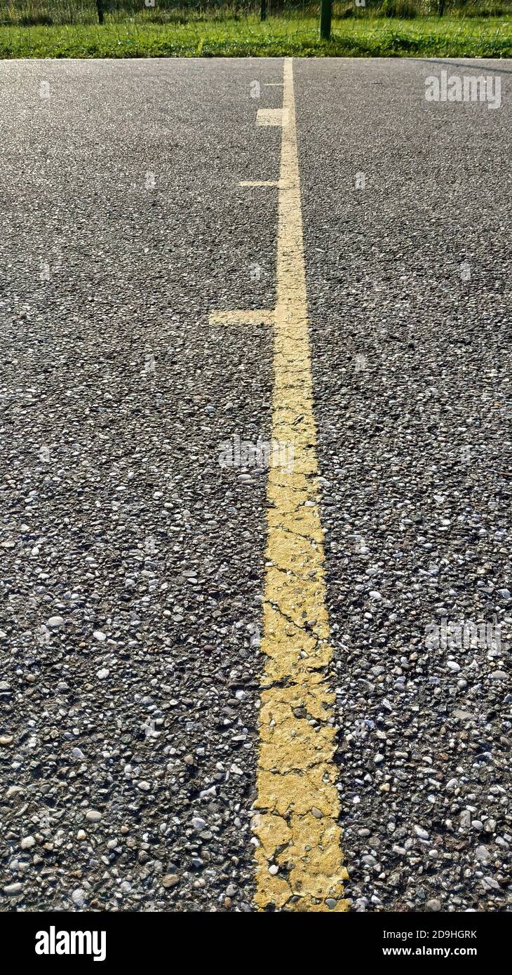 Vertical shot of transportation lines on the asphalt under the sunlight ...