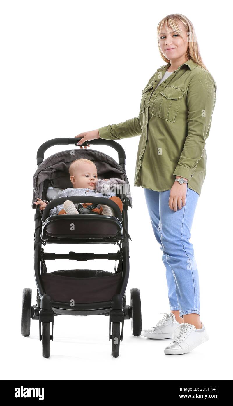 Woman and her cute baby in stroller on white background Stock Photo - Alamy