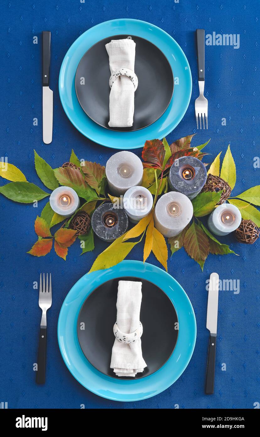 Beautiful table setting with autumn decor Stock Photo - Alamy