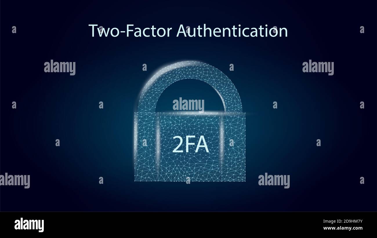2FA two factor authentication with padlock on dark blue background ...