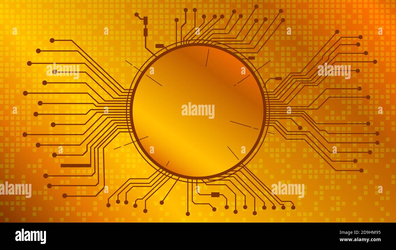 Golden digital circle with circuit board tracks on golden background ...