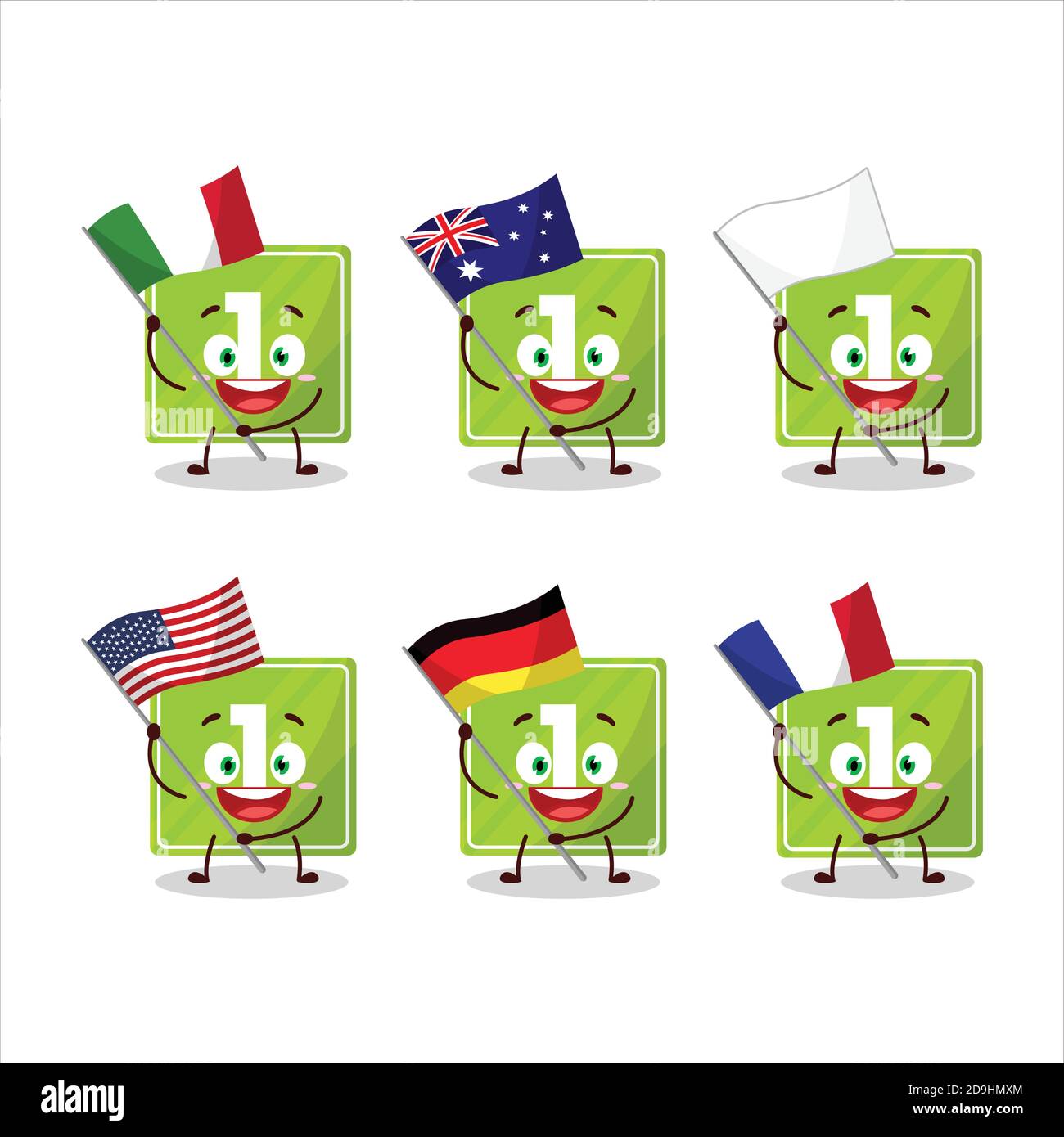 Toys block one cartoon character bring the flags of various countries ...