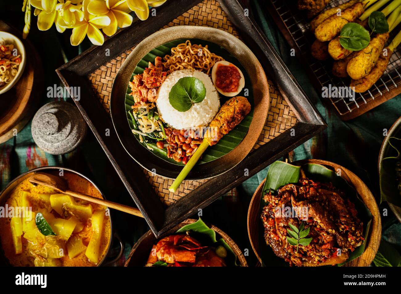 Nasi Campur Bali. Balinese meal of rice with shredded chicken ...