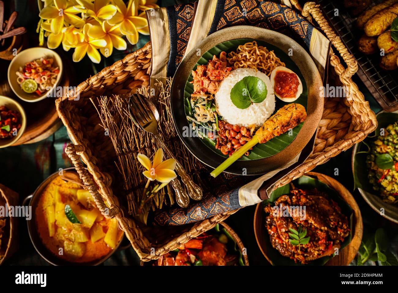 Nasi Campur Bali. Balinese meal of rice with shredded chicken ...