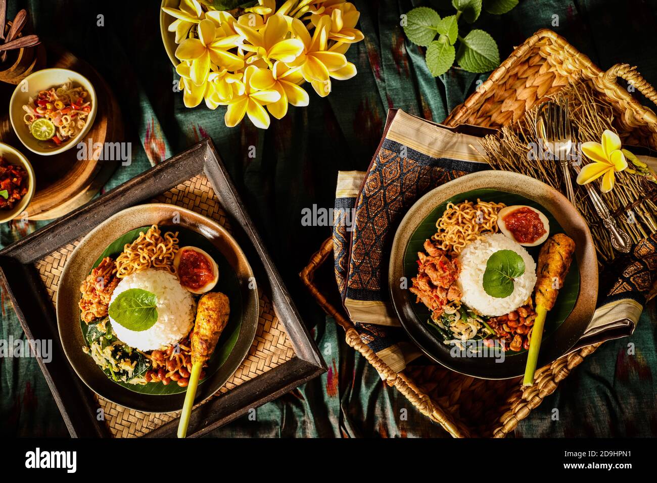 Nasi Campur Bali. Balinese meal of rice with shredded chicken ...