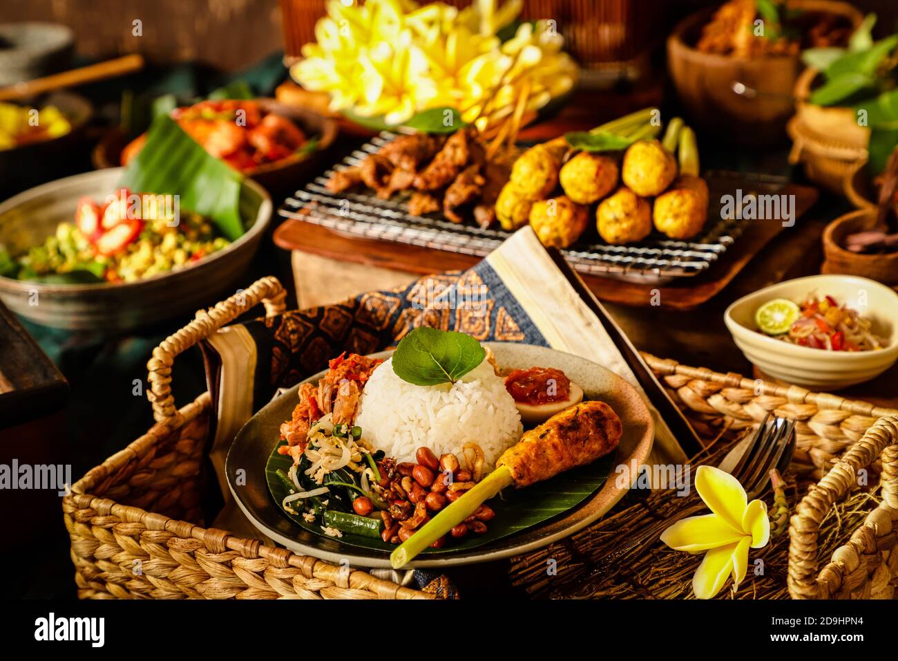 Nasi Campur Bali. Balinese meal of rice with shredded chicken ...