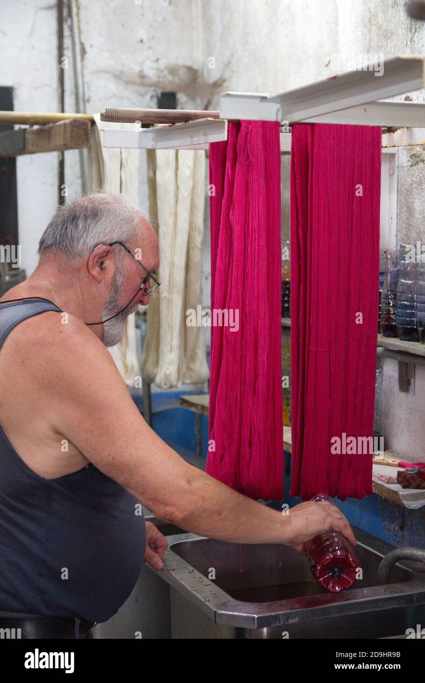 Wool dyer at work in the dying shop of the Terrade wool mill, Felletin ...