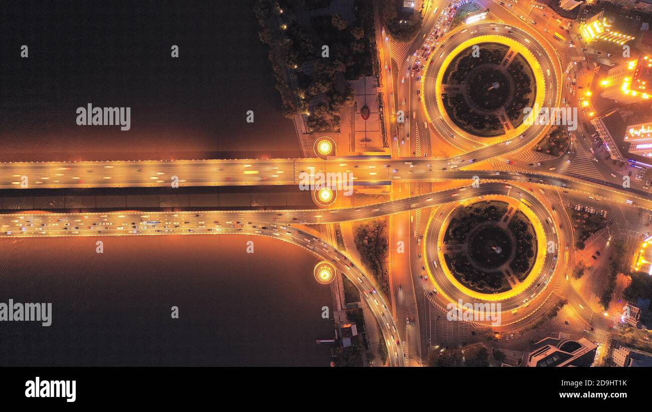 An aerial view of vehicles moving on the Songhua River Highway Bridge ...