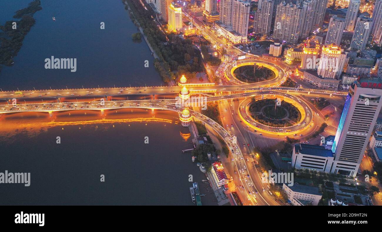 An aerial view of vehicles moving on the Songhua River Highway Bridge ...