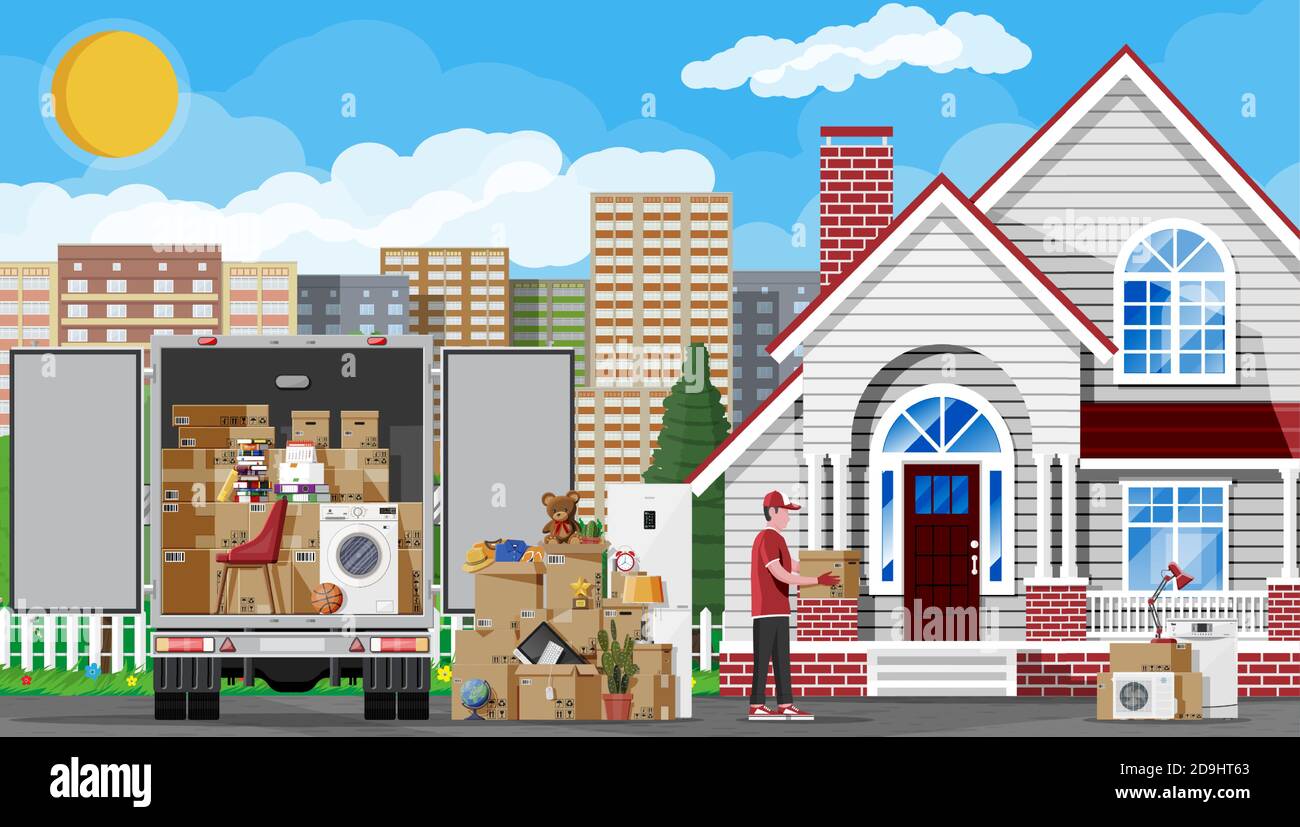 Moving to new house. Family relocated to new home. Male mover, paper ...