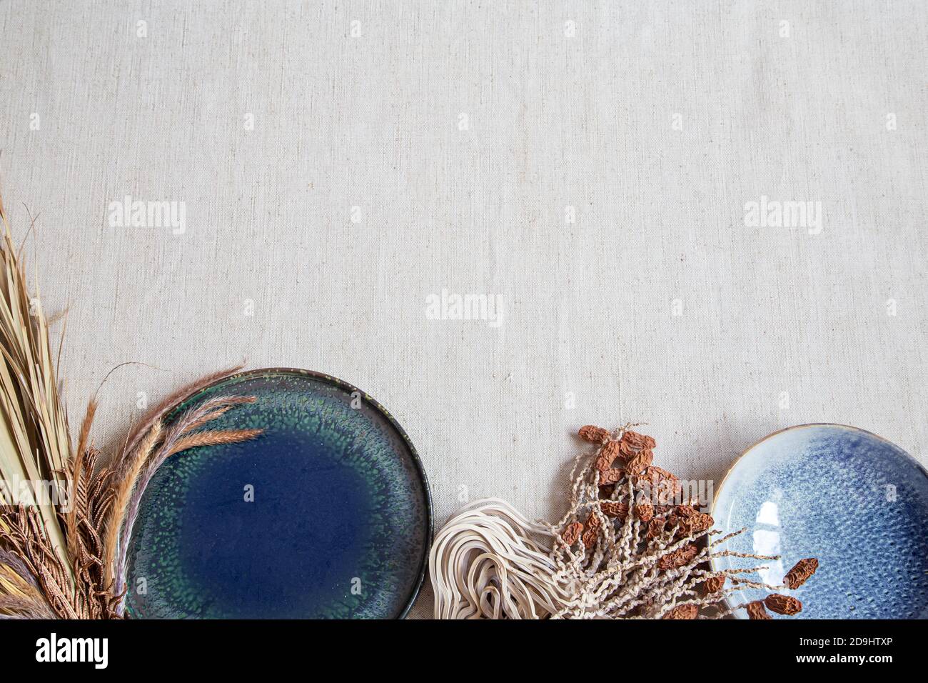Light background with ceramic dishes beautiful layout. The view from ...