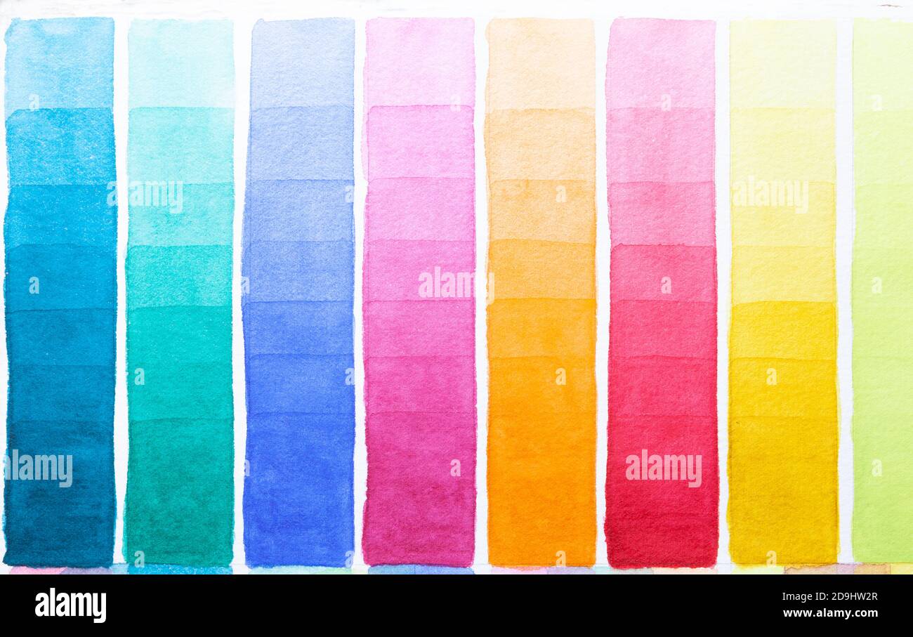 Palette of shades watercolors different colors painted on white paper ...