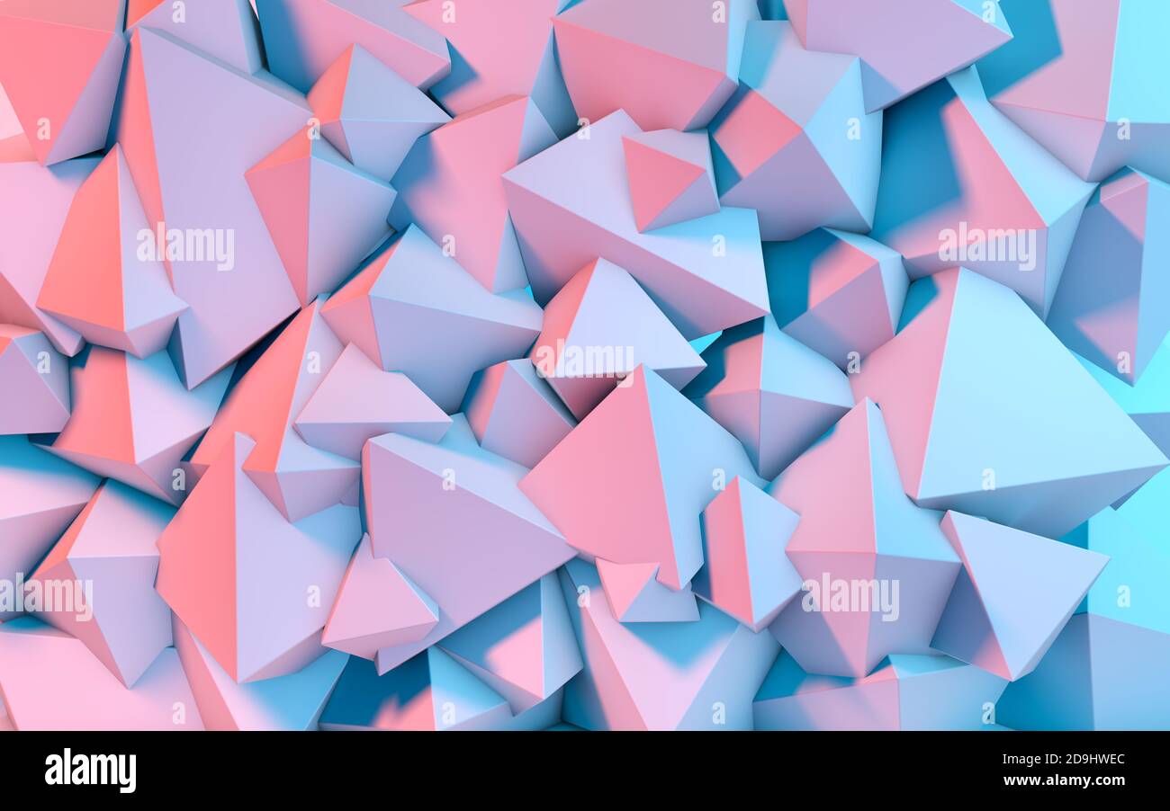 Abstract background with 3D shapes flying in pink and blue light as a ...