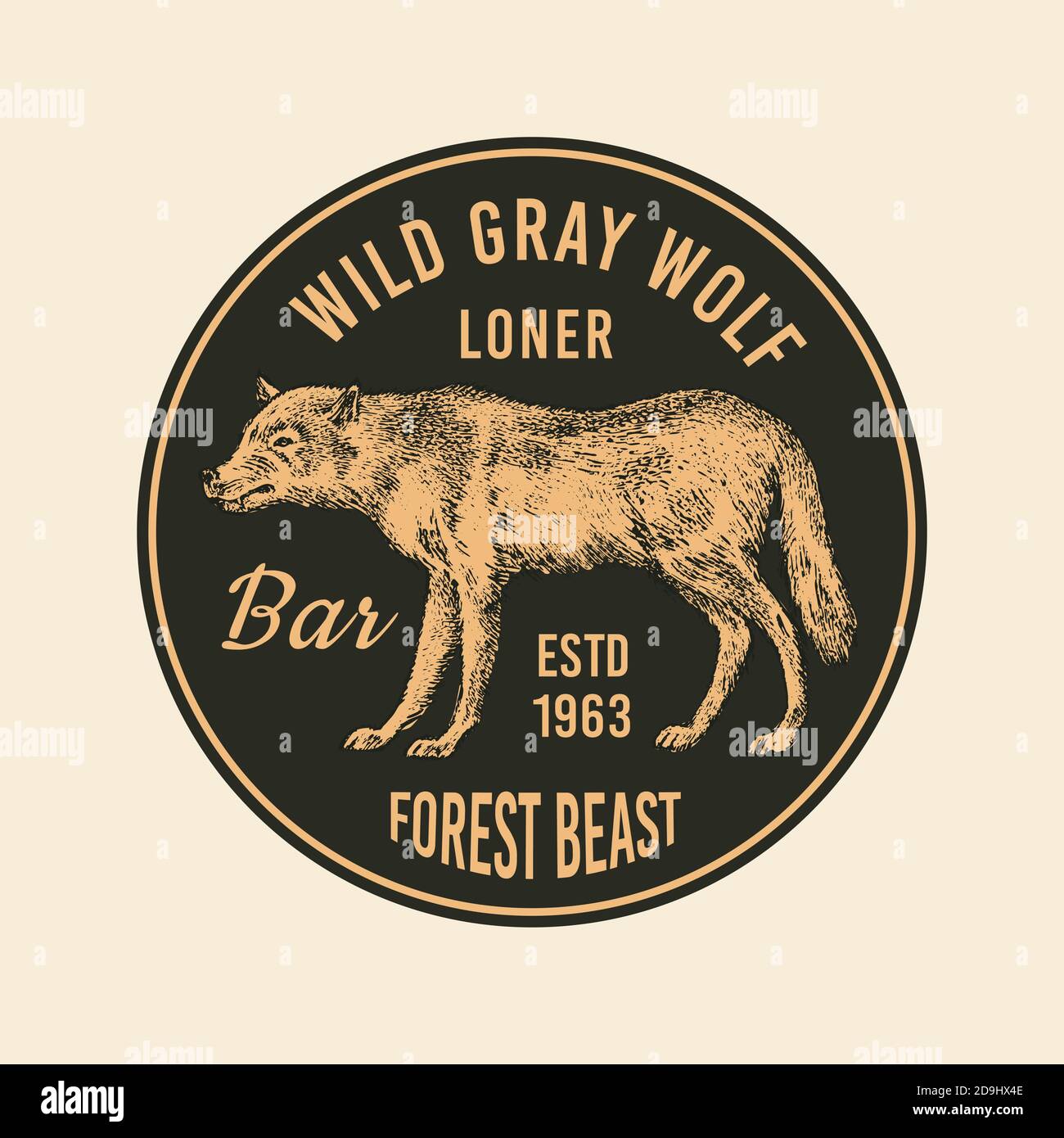 Wild animals stickers in vintage style. Forest Wolf. Retro monochrome ...