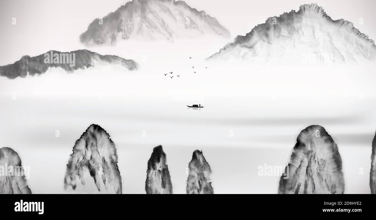 Chinese traditional landscape painting of mountains Stock Photo - Alamy
