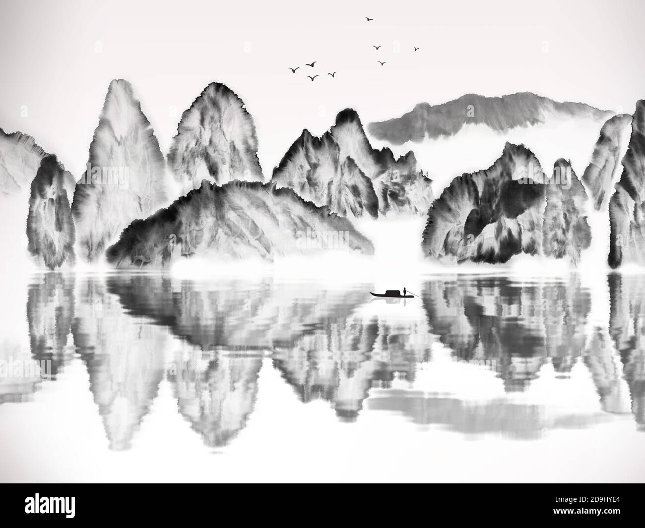 Chinese traditional landscape painting of mountains Stock Photo - Alamy