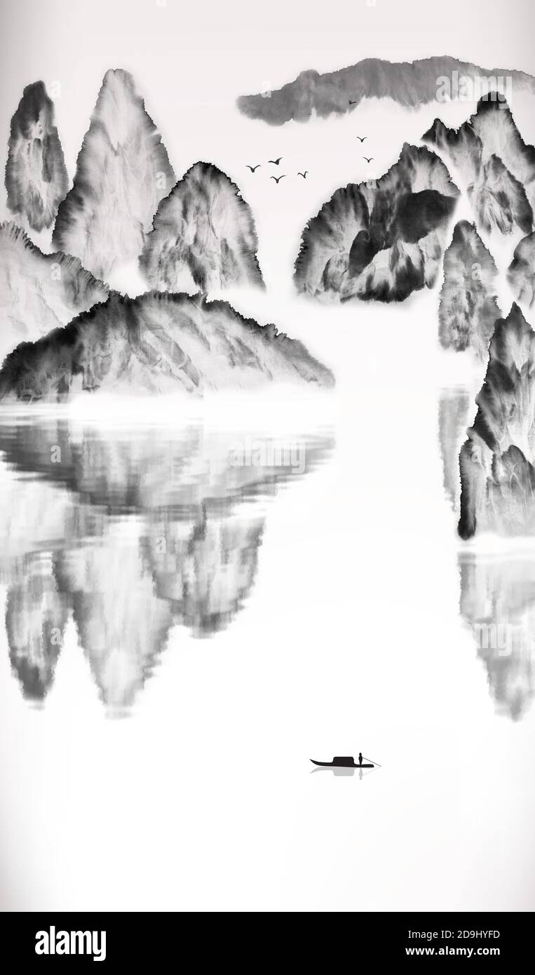 Chinese traditional landscape painting of mountains Stock Photo - Alamy