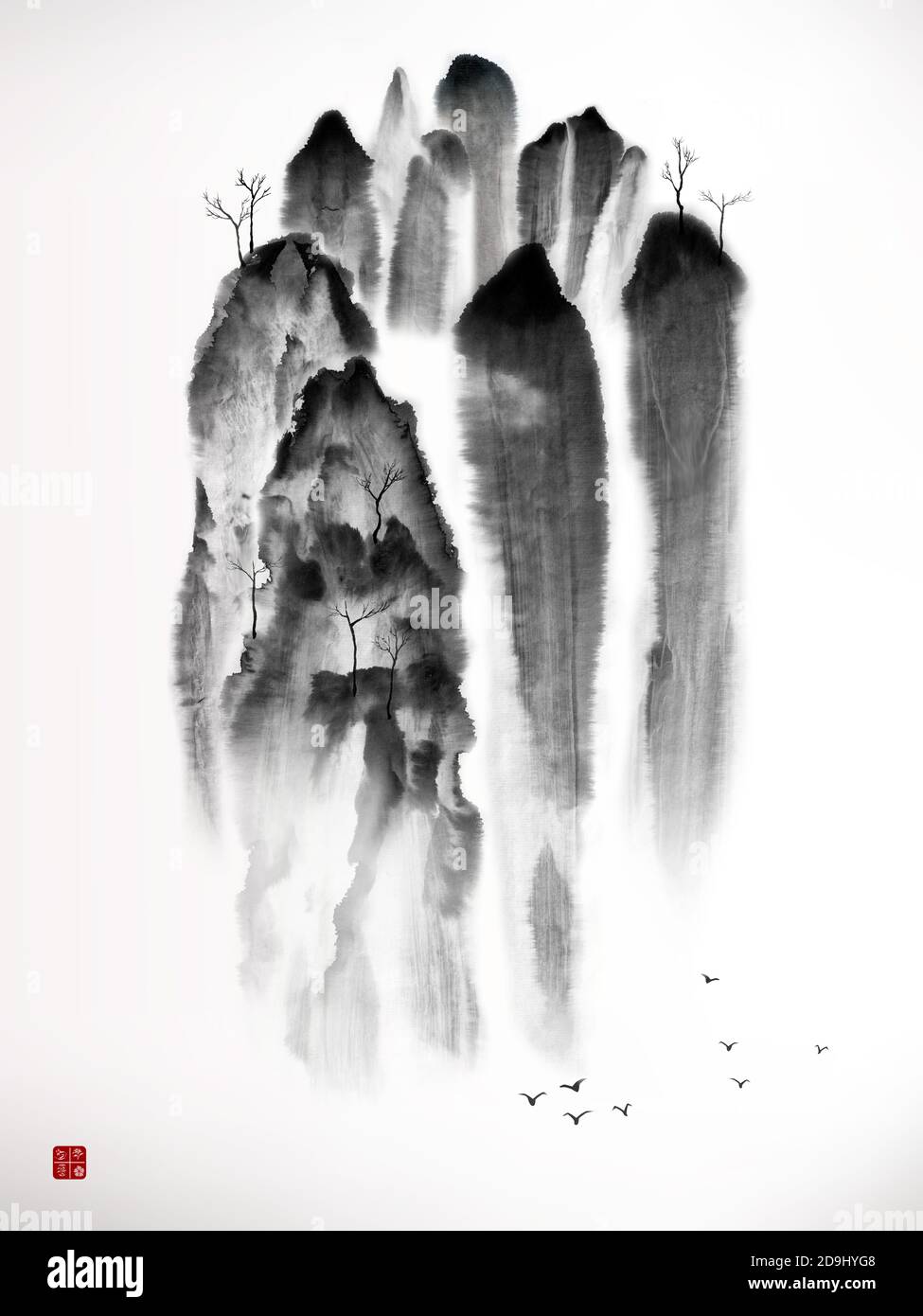 Chinese traditional landscape painting of mountains Stock Photo - Alamy