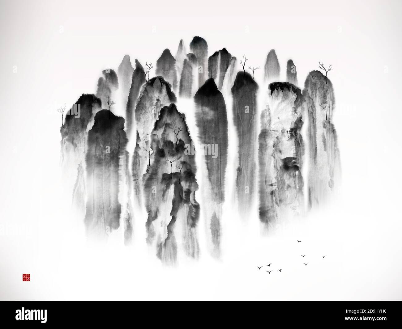 Chinese traditional landscape painting of mountains Stock Photo - Alamy