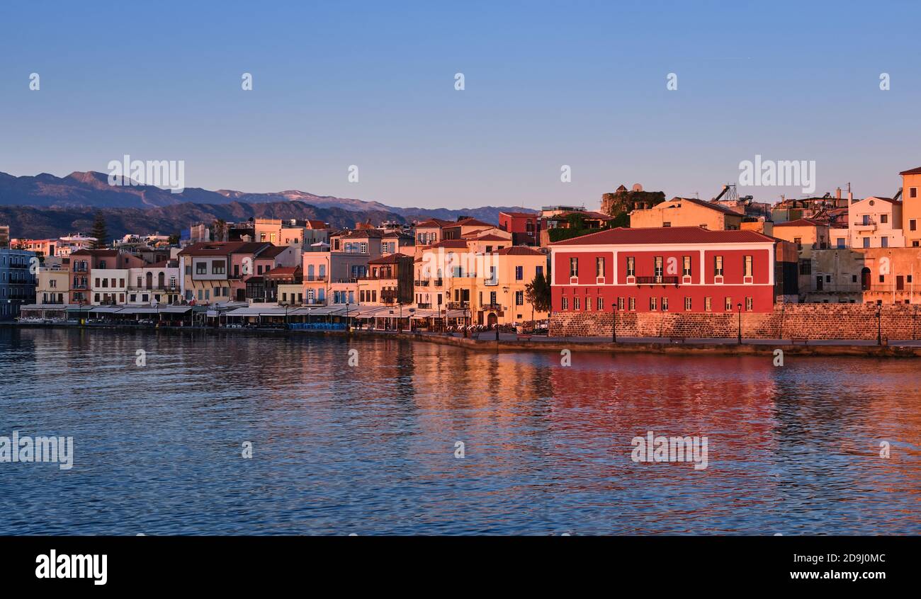 Sunrise view of Old Venetian harbour, Chania, Crete, Greece, its quay ...