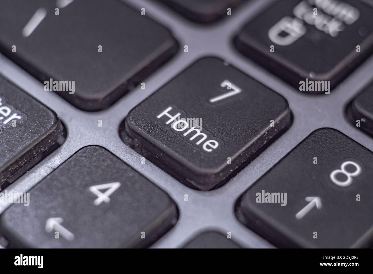 Closeup of a computer keyboard zoomed on the number 7 and Home button ...