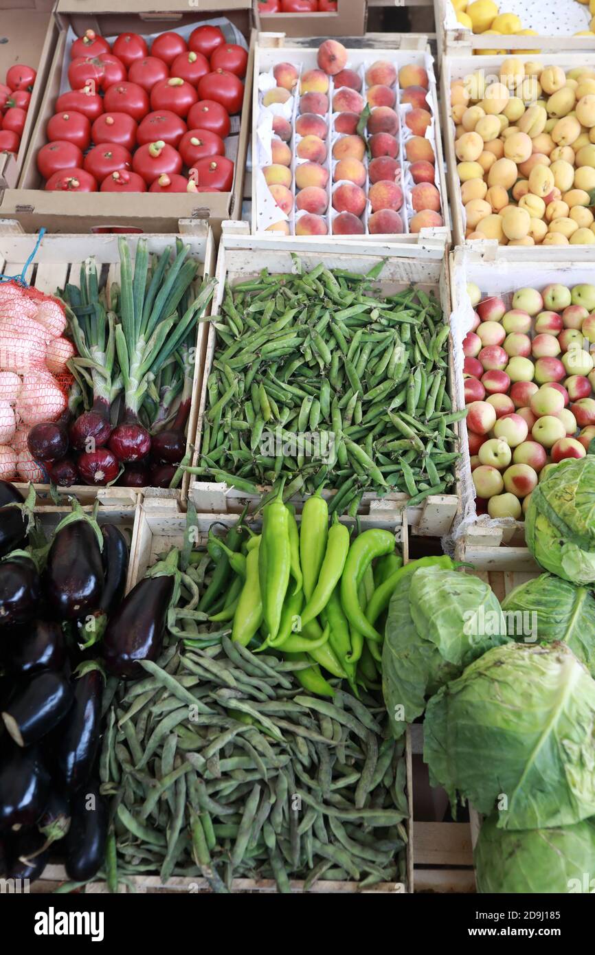View of various vegetables in boxes in market Stock Photo - Alamy