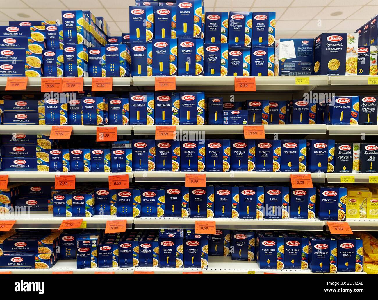 ROME, ITALY - OCTOBER 21, 2015. Barilla pasta area in a supermarket ...