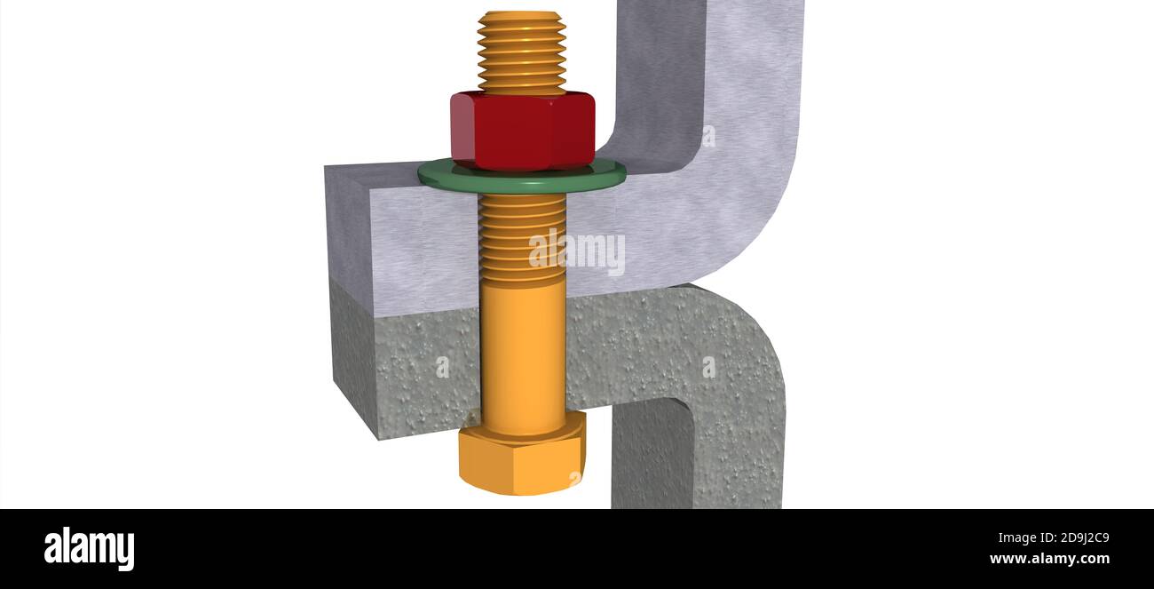 Assembly of two components with bolt, screw and nut with washer ...