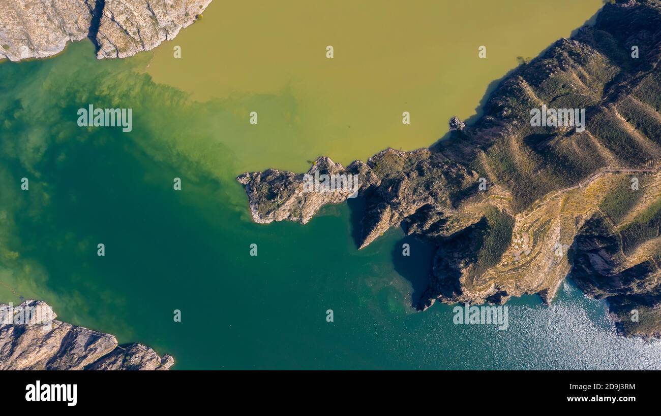 --File--Aerial view of the light green and dark green colors formed at ...