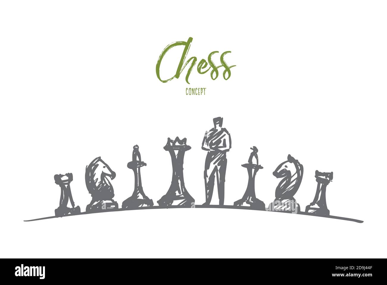 Vector hand drawn chess concept sketch. Man standing on chessboard ...