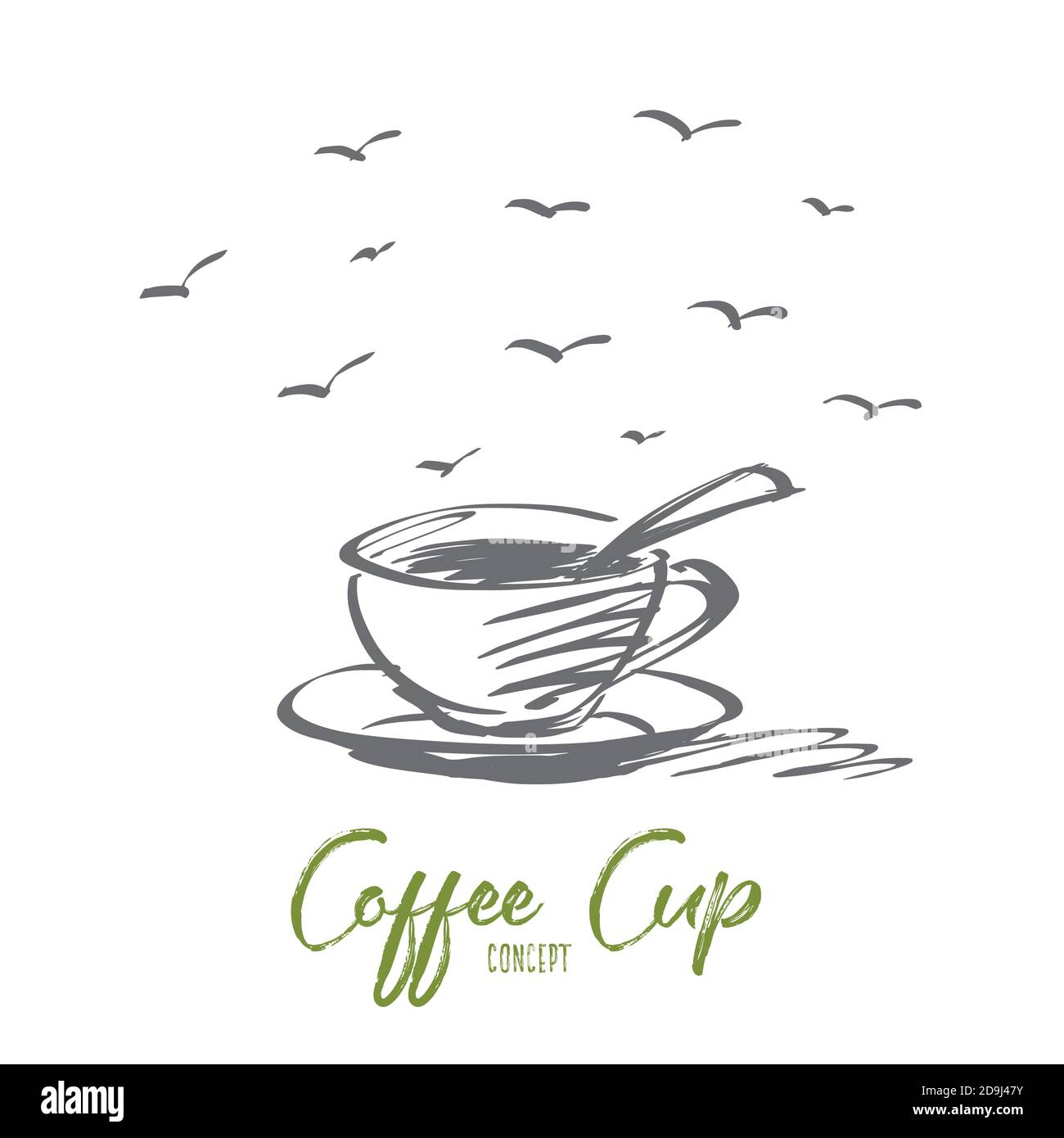 Vector hand drawn concept sketch of fragrant full coffee cup with spoon ...