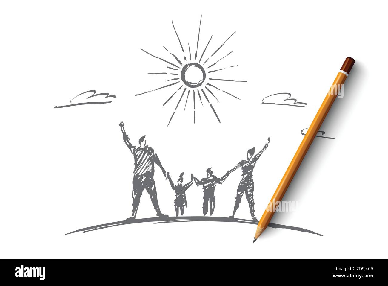 Vector hand drawn family concept sketch with pencil over it. Happy man ...