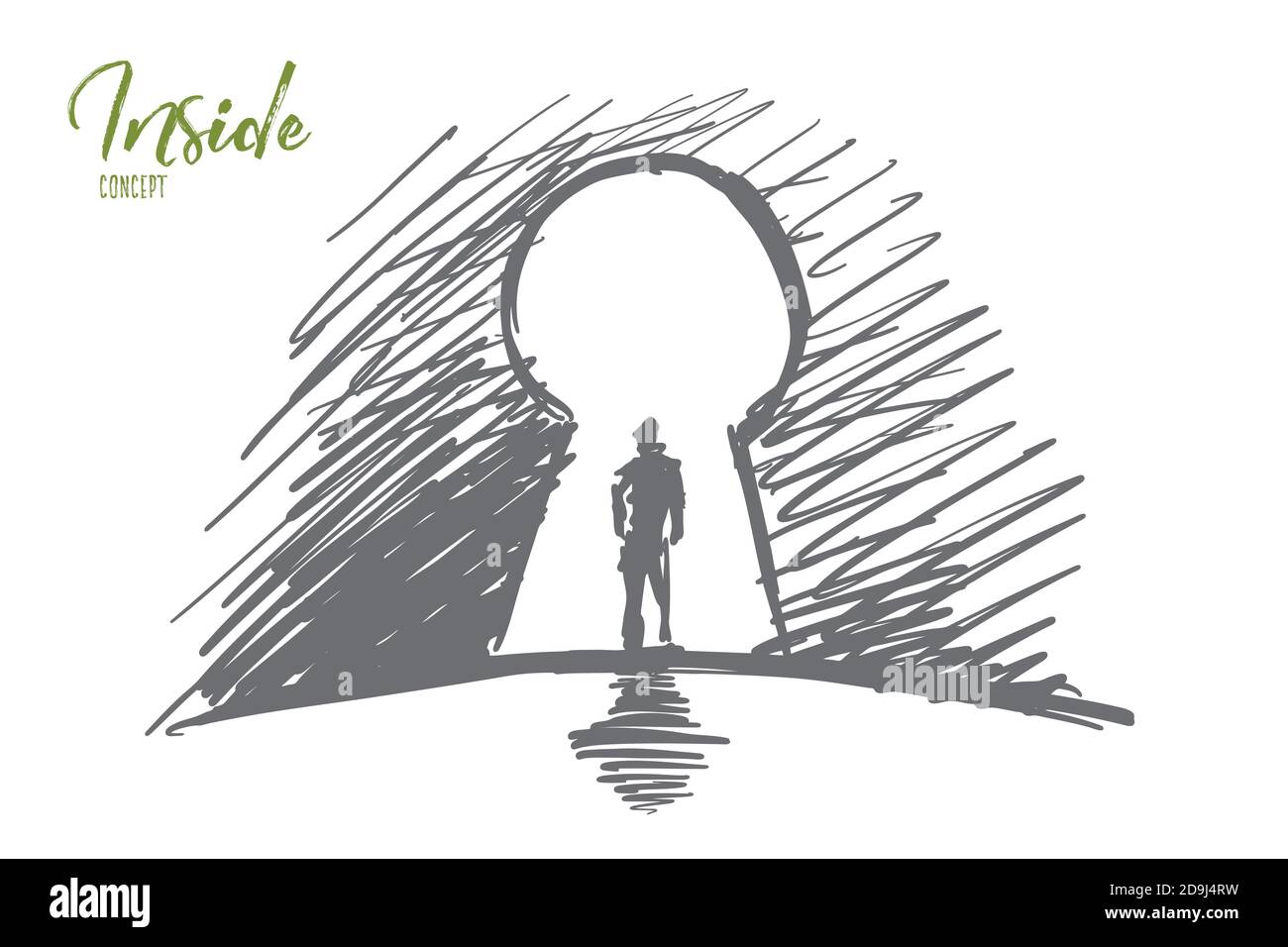 Vector hand drawn inside concept sketch. Silhouette of man standing in ...