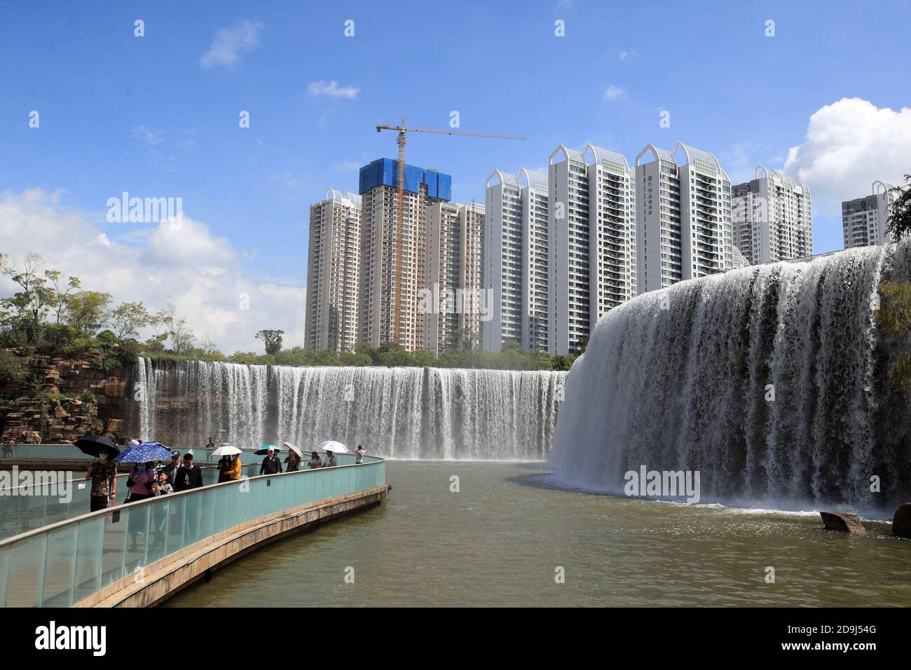 Aerial view of the Kunming Waterfall Park in Kunming city, an enormous ...
