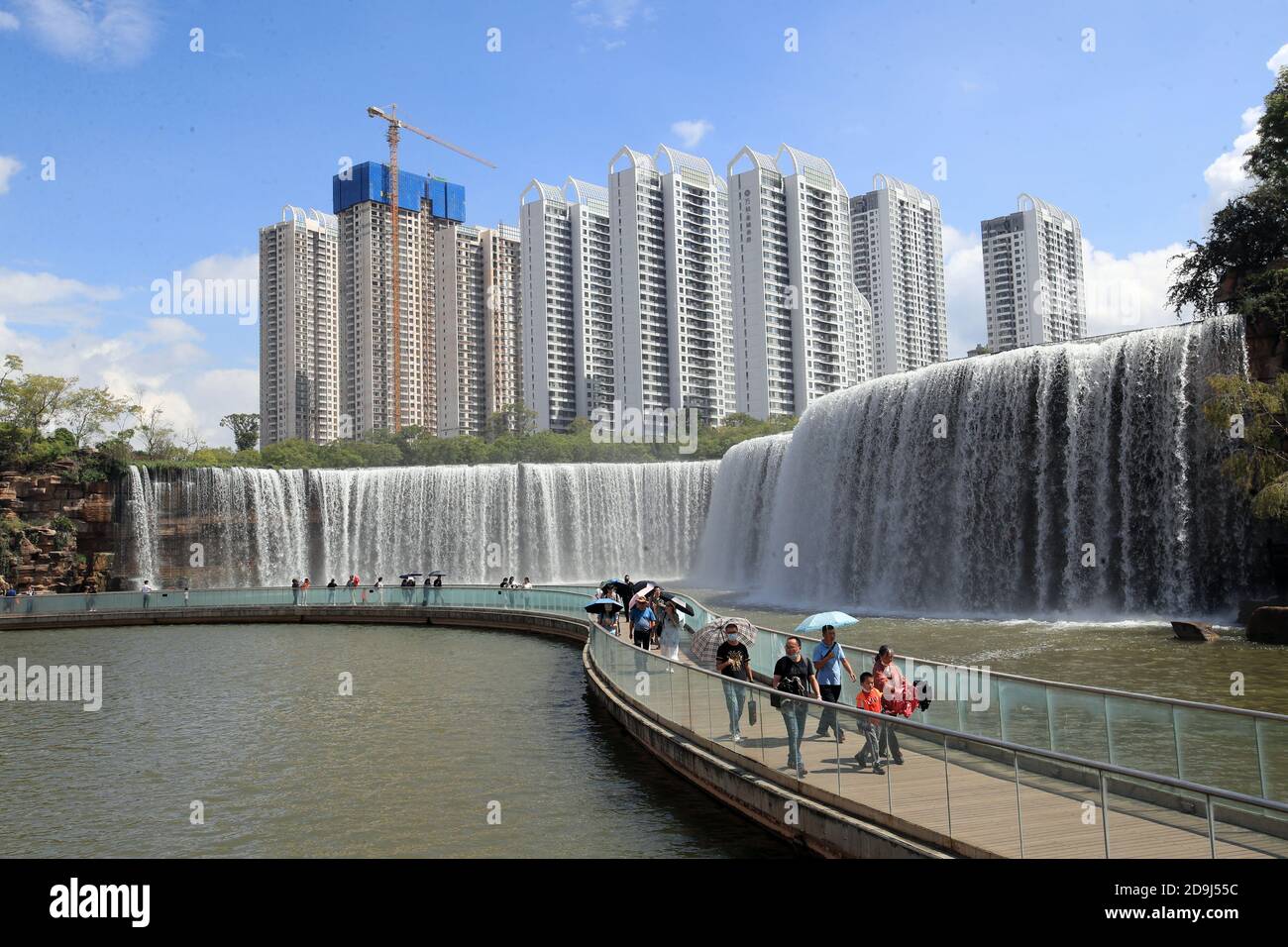 Aerial view of the Kunming Waterfall Park in Kunming city, an enormous ...