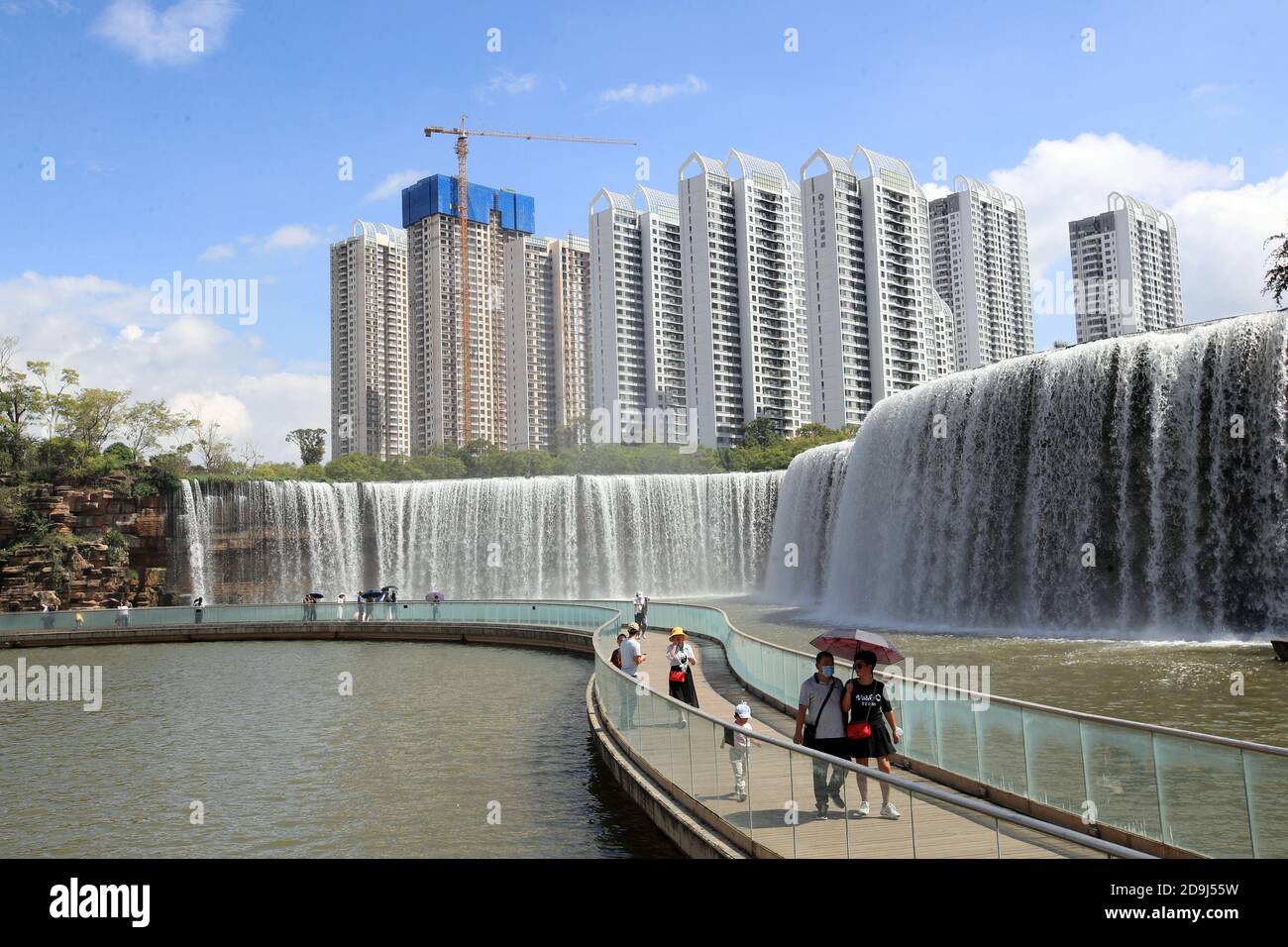 Aerial view of the Kunming Waterfall Park in Kunming city, an enormous ...