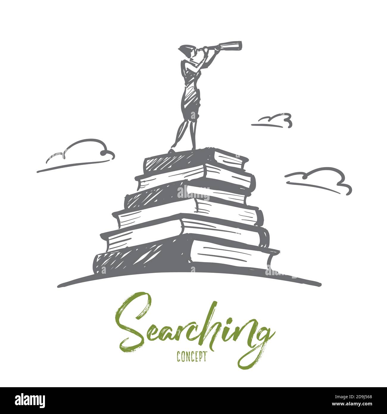 Vector hand drawn searching concept sketch with woman standing at top ...