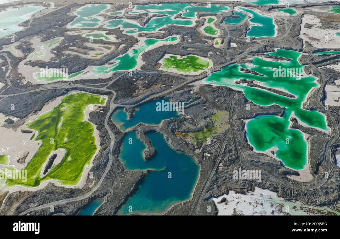 An aerial view of the salt pan in Dachaidan Town, Haixi Mongolian ...