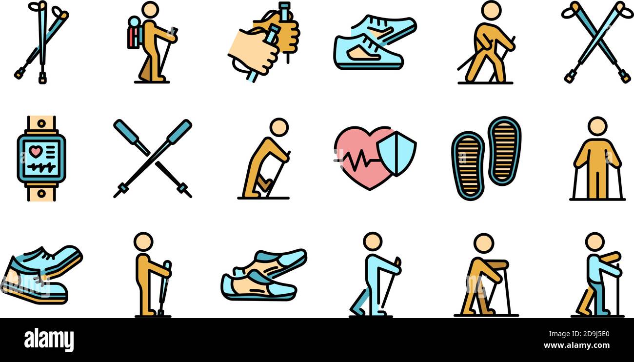 Nordic walking icons set. Outline set of nordic walking vector icons ...
