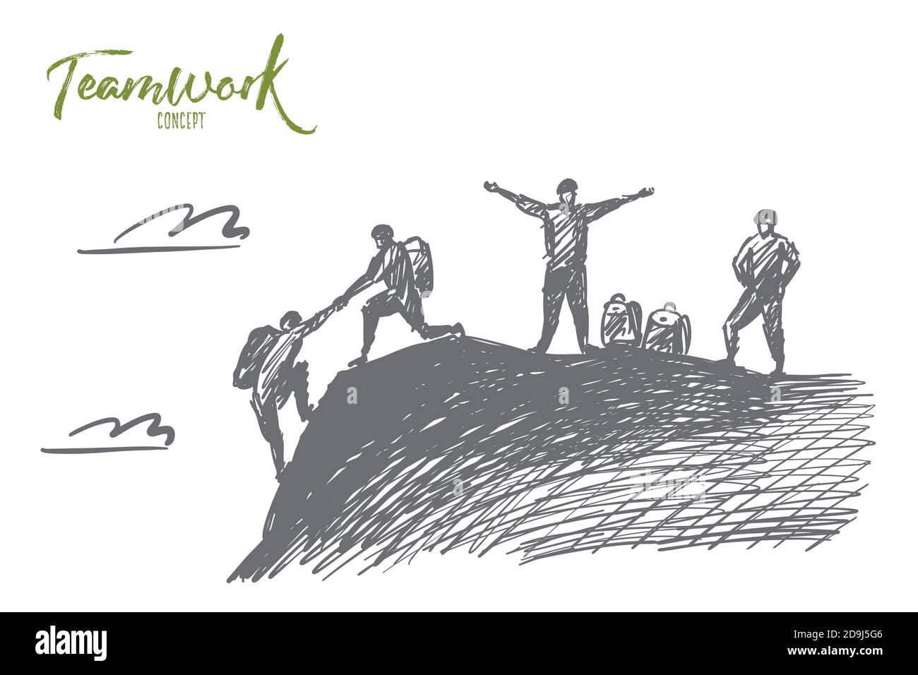 Vector hand drawn teamwork concept sketch with alpinist helping with ...