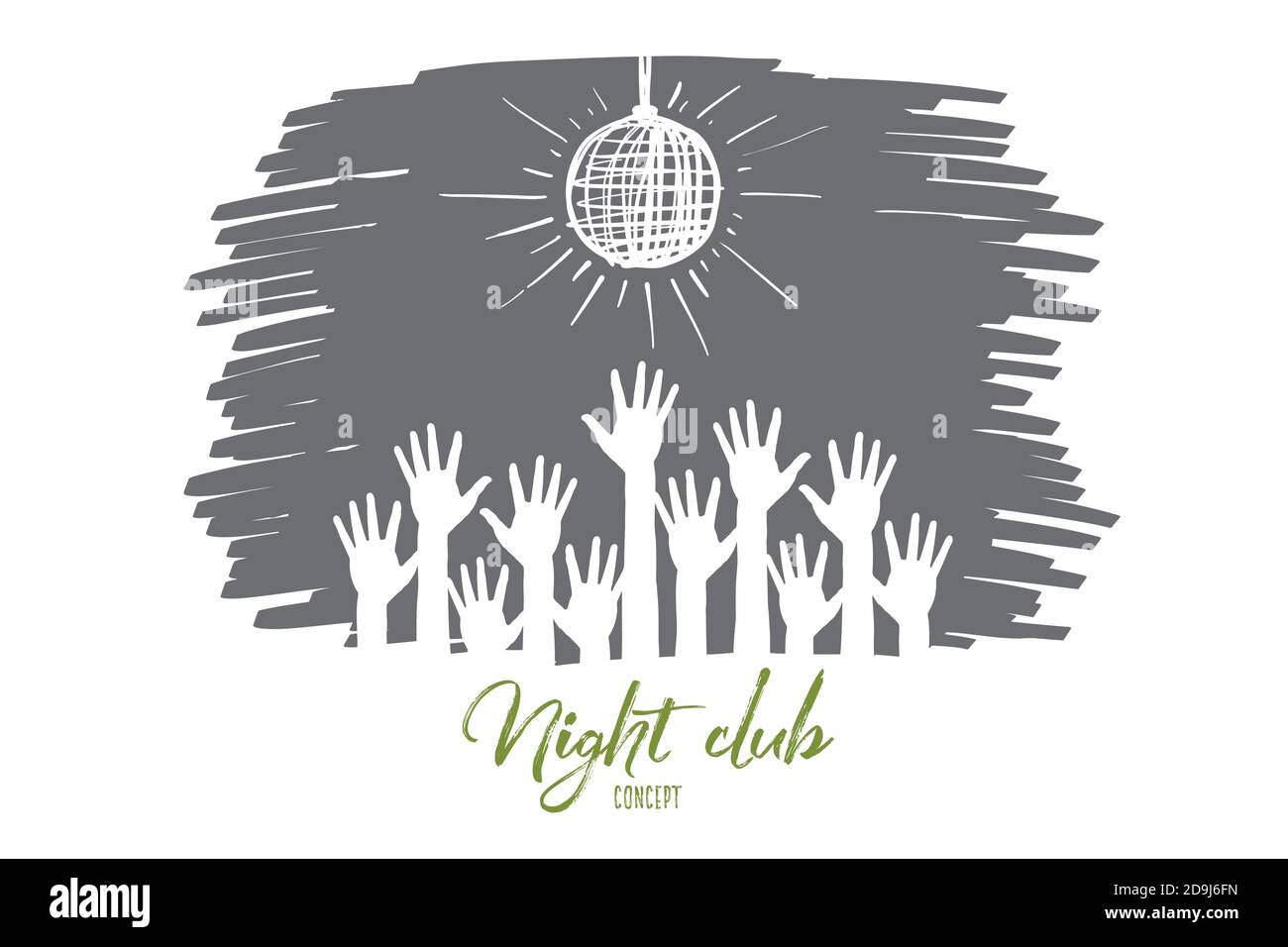 Hand drawn raised hands under disco ball in club Stock Vector Image ...