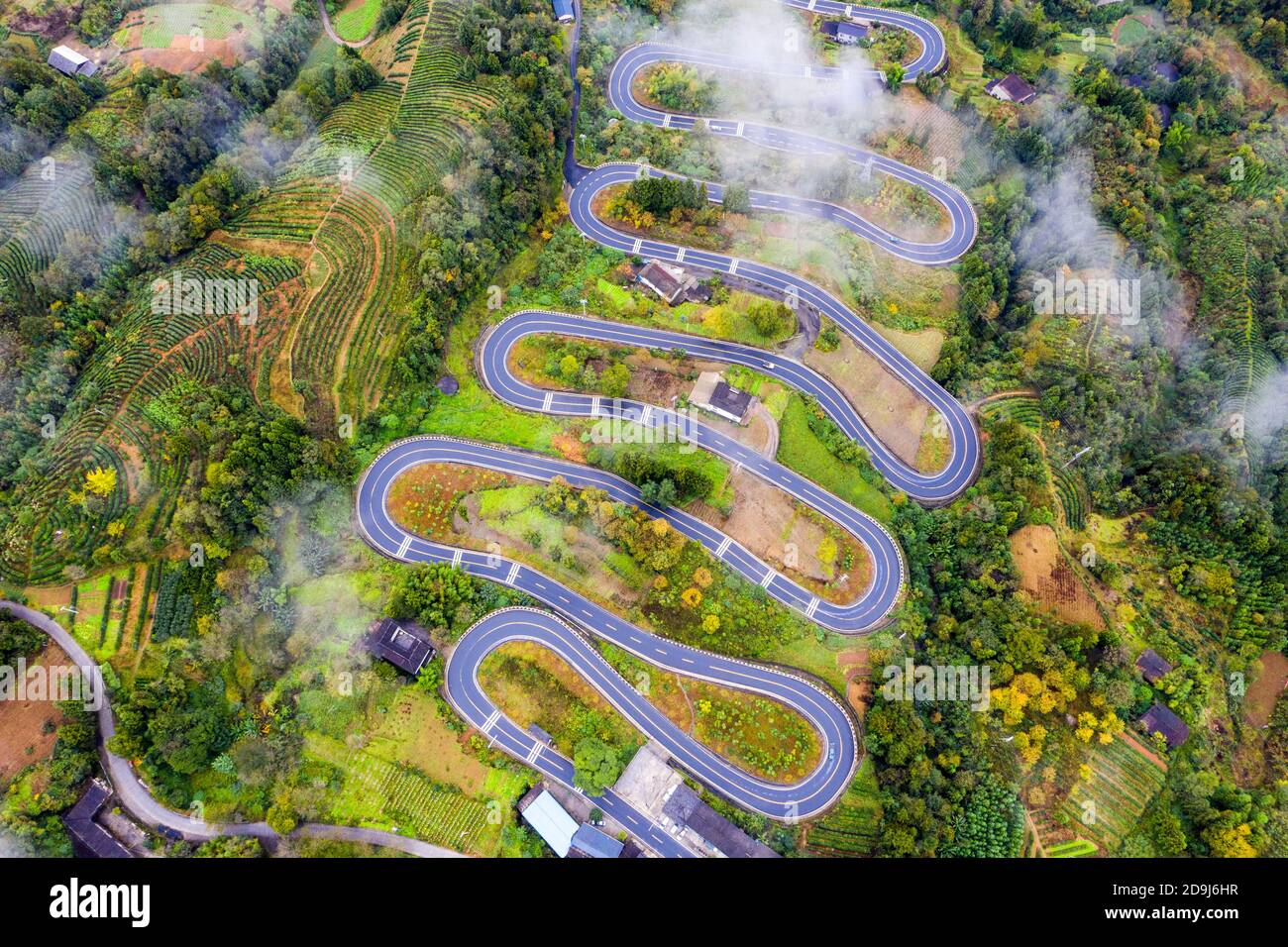 Aerial view of the mountain road with 18 turns in Enshi city, south ...